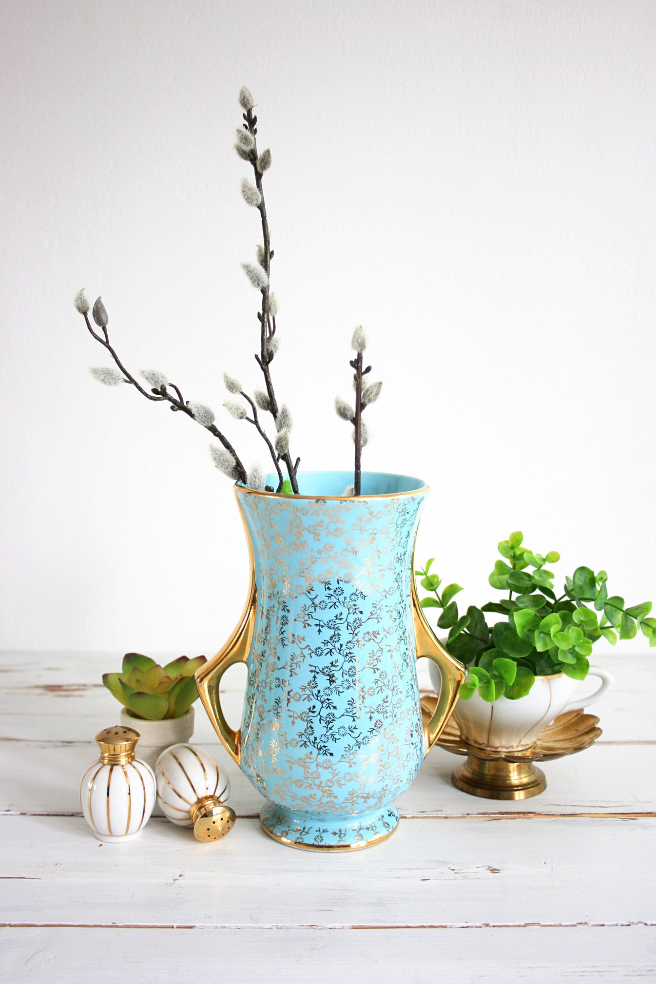 SOLD - Vintage Pearl China Co. Aqua Blue and 22 kt Gold Vase – Wise ...