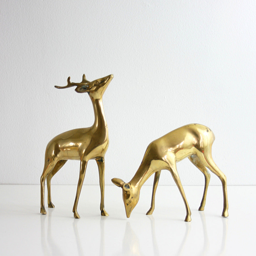 SOLD - Mid Century Modern Brass Deer Pair / Large Vintage Brass Deer F ...