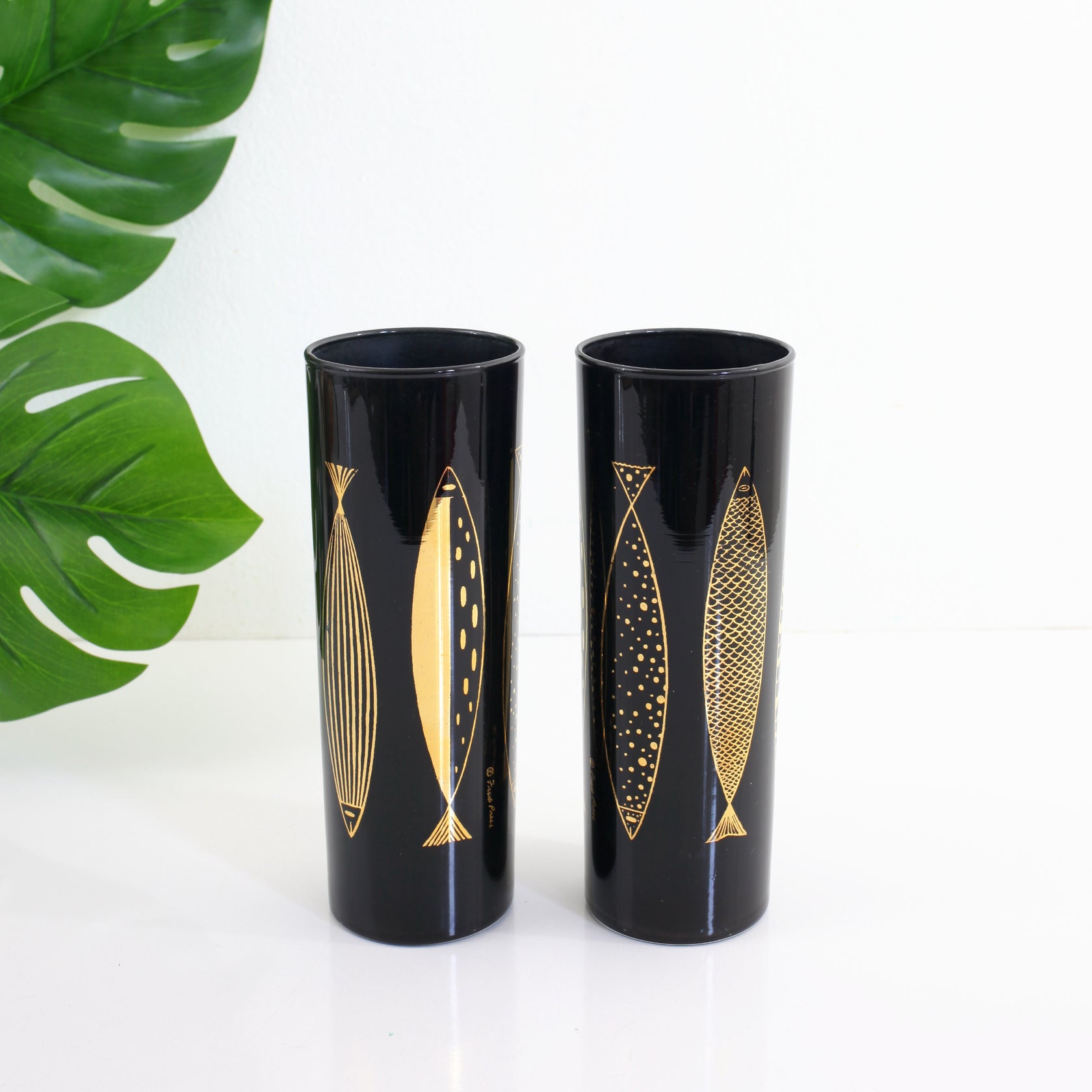 SOLD - Mid Century Modern Black & Gold Fred Press Fish Glasses – Wise ...