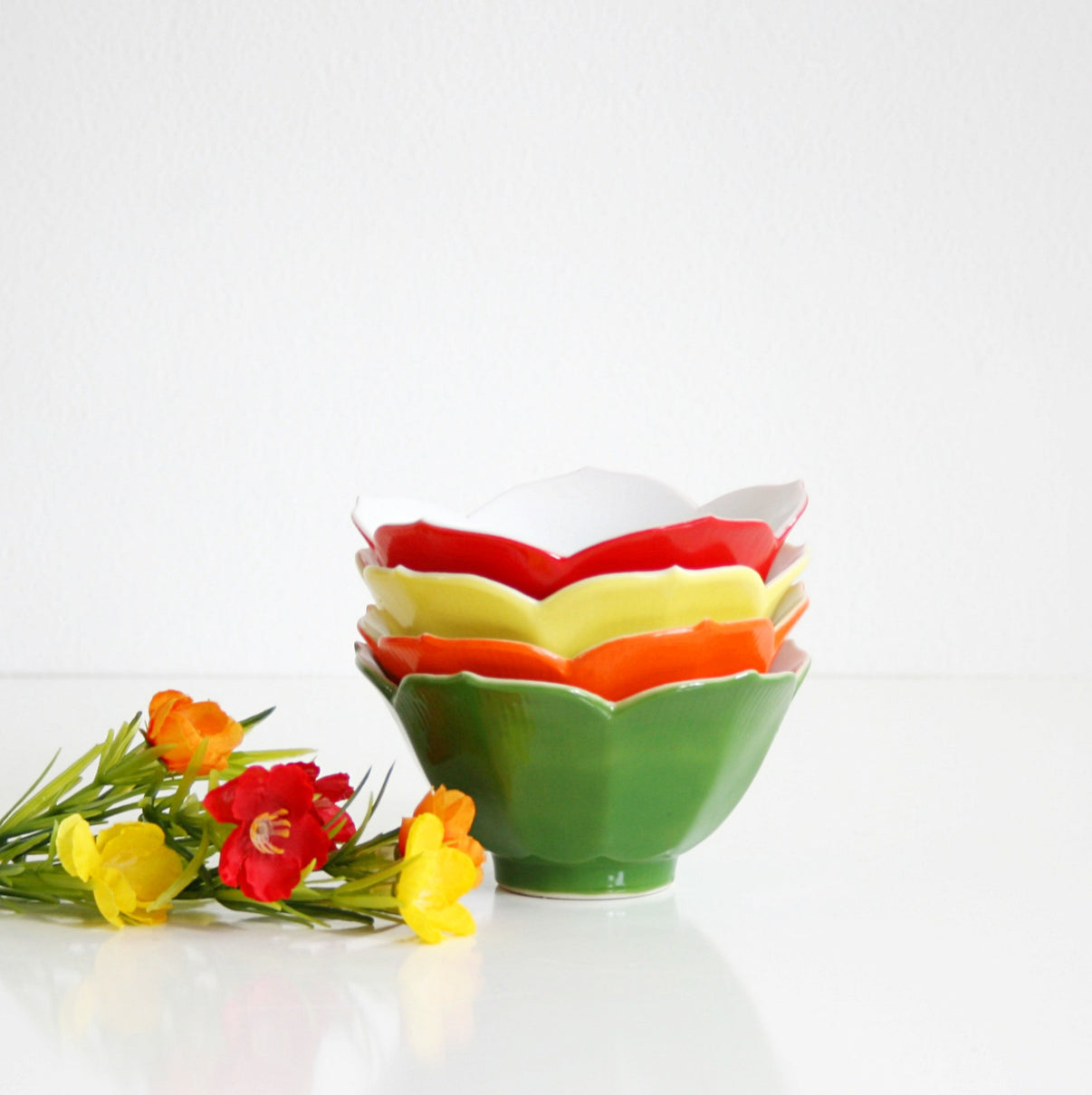SOLD - Vintage Set of Rainbow Lotus Bowls / Mid Century Porcelain Flow ...
