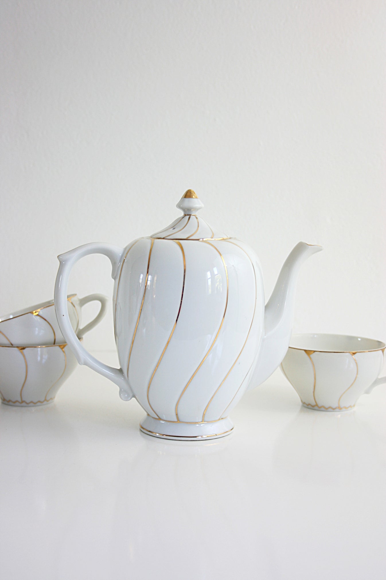 SOLD - Vintage White and Gold Porcelain Tea Set / Mid Century Tea Serv ...