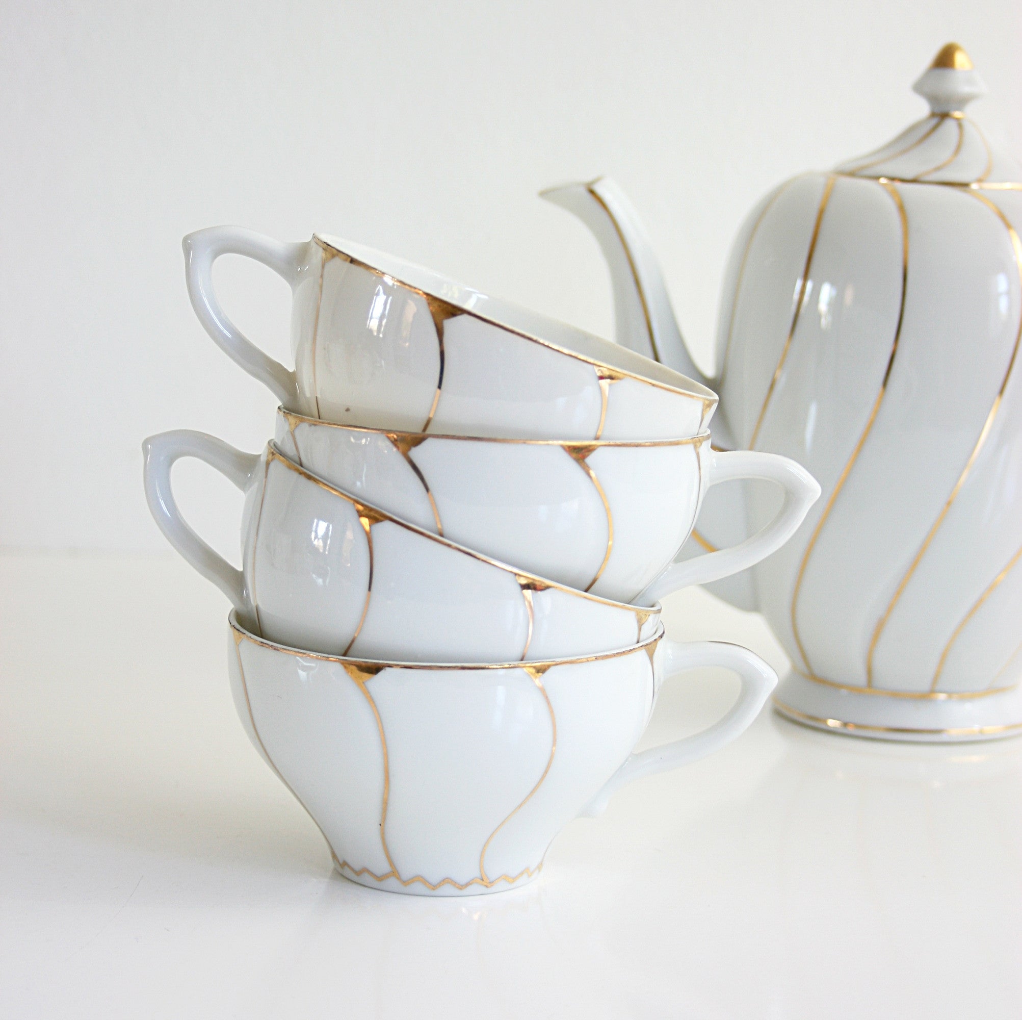 SOLD - Vintage White and Gold Porcelain Tea Set / Mid Century Tea Serv ...